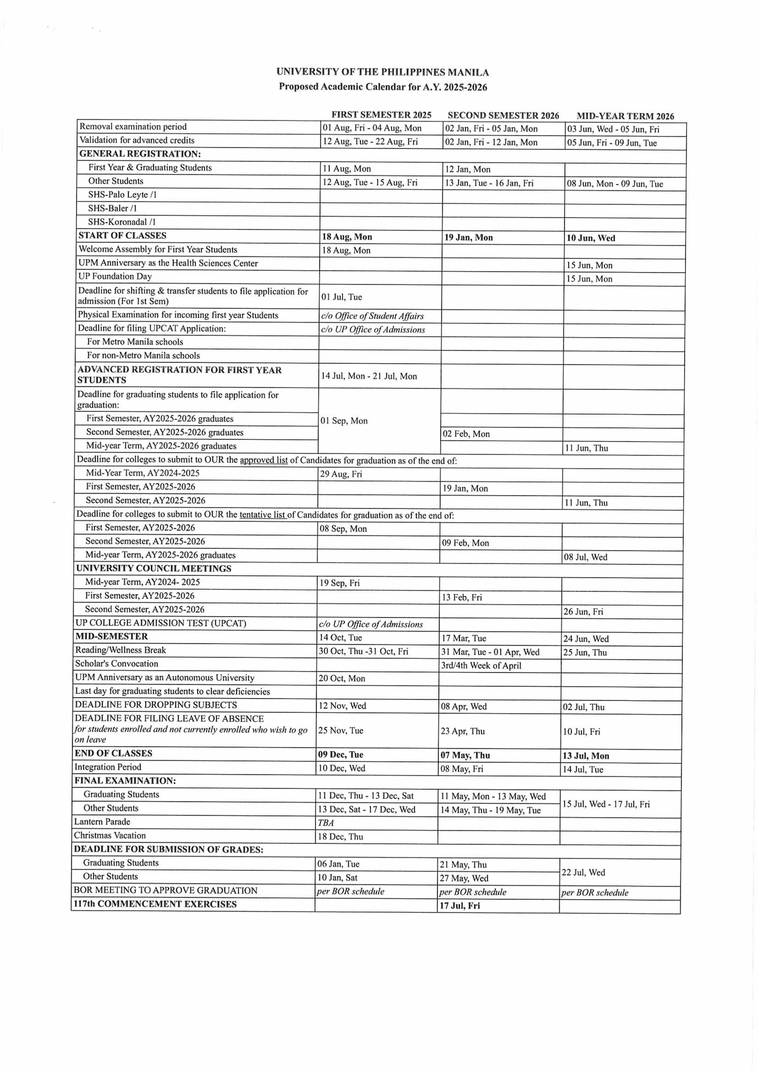 Academic Calendar | Office of the University Registrar